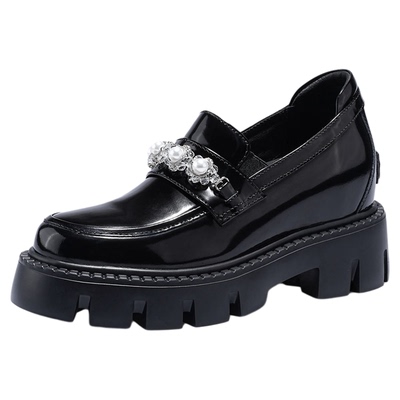 艾今25新款9cm增高珠花乐福皮鞋