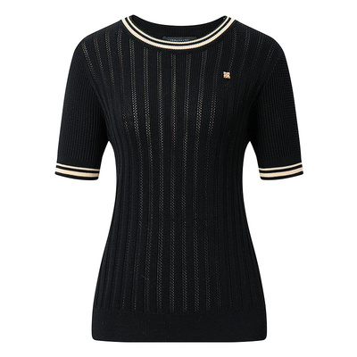 BCBG春夏女装莱赛尔简约休闲通勤百搭撞色罗纹饰边圆领短袖针织衫