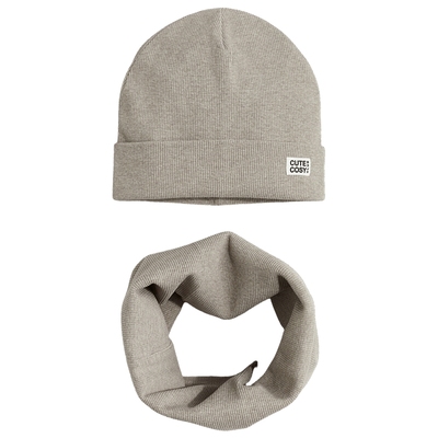 HM2025秋季新款童装男婴幼宝宝套装2件式舒柔豆豆帽围脖1198652