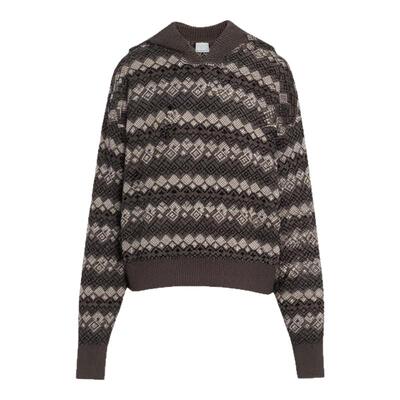 PMW 张凌赫同款复古提花图案针织衫厚重破坏效果套头连帽毛衣男