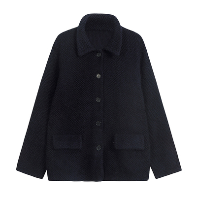 翻领颗粒感针织上衣保暖直筒外套