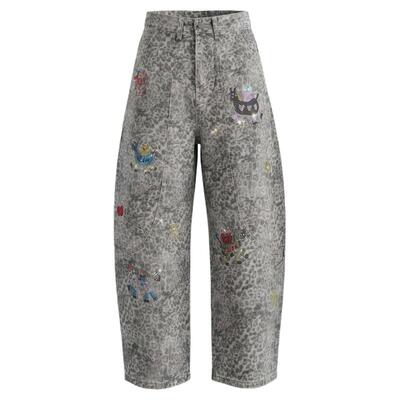 TCH烫钻卡通豹纹牛仔裤女高腰宽松做旧个性潮流弯刀裤T78A20E1192