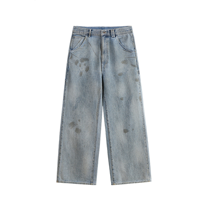 WHIMNOTION 复古水洗做旧脏染破坏画家牛仔裤潮流休闲直筒长裤男