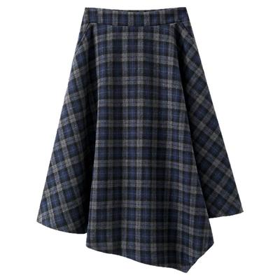 夕蒙2025新款秋冬韩系气质裙子不规则设计感小众藏蓝格纹半身裙女