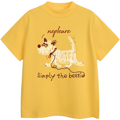 美式复古小狗印花小高领短袖t恤