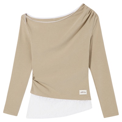 PSO Brand女装拼接蕾丝针织休闲长袖T恤女款修身显瘦斜肩上衣潮牌