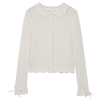 MOUSSY 早春新品文艺风纯色镂空翻领时尚针织衫028IAA70-1001