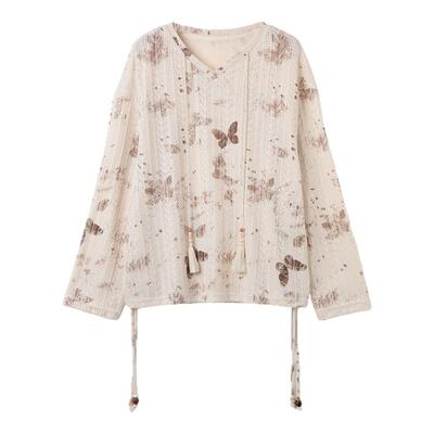 西町村屋复古蝴蝶印花系带小衫女