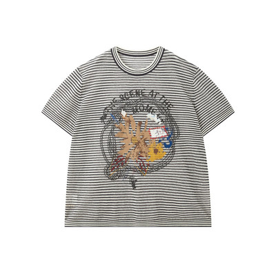 谜底条纹套头针织衫短袖2026夏新品艺术印花宽松毛衣女262MZ0777