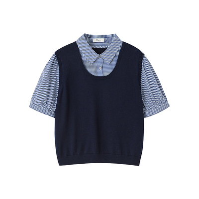 indicia标记2026夏新款复古学院风藏青格纹假两件衬衫 L2B6CS112C