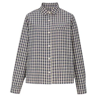 dorydory藏青色格纹小圆领衬衫新中式上衣蓝色减龄洋气格子衬衣