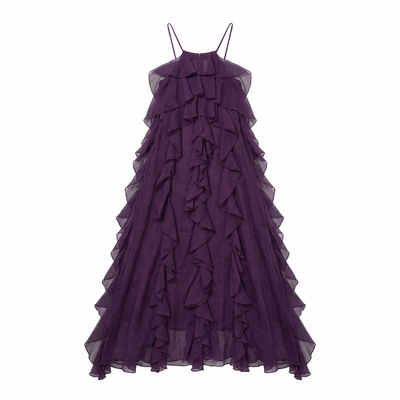 LANVIVIER 暗夜精灵 瀑布自然飘逸木耳边 吊带极光紫长款连衣裙