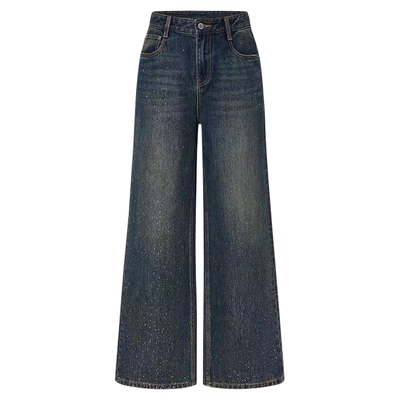 正品2025冬新品怀旧靛蓝棉质渐变烫钻中高腰直筒牛仔裤MBE4JEN015