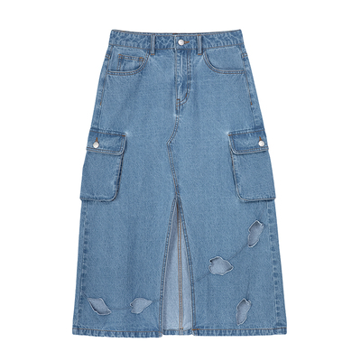 KAR PEISKOS 女士浅蓝色棉质破洞牛仔半裙银泰百货精品 301600