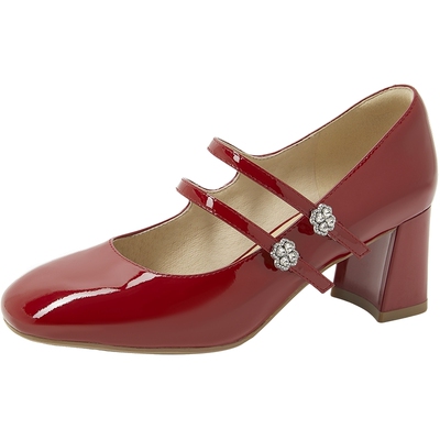 康莉牛漆皮粗跟玛丽珍鞋女