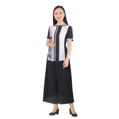 靓诺映卡排线蓝白印花T恤