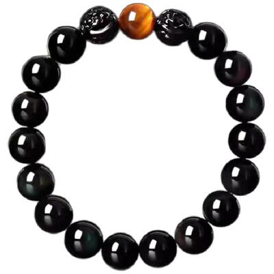 天然黑曜石海蓝宝灰月光手链礼物