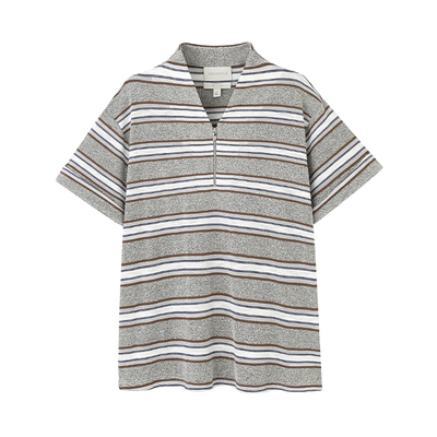 新中式禅意领t体恤卷袖条纹上衣