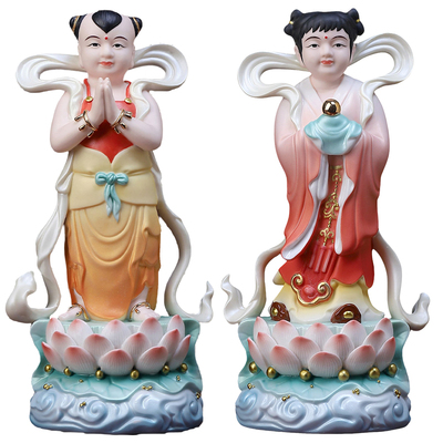 陶瓷善财童子龙女佛像摆件精工彩