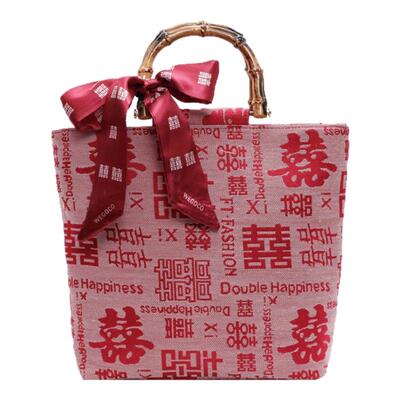手提包蝴蝶结喜字中式竹节水桶包