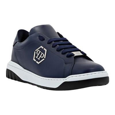 PhilippPlein男鞋金属标徽蓝色小牛皮系带休闲低帮运动鞋