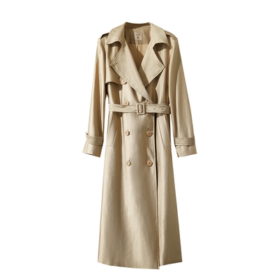 Amii2026春极简新款轻奢光泽感宽松长款配腰带翻驳领双排扣风衣女