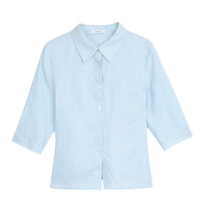 NEVA HU 老钱vibe 1OO亚麻中袖衬衫女气质通勤衬衣收腰别致上衣