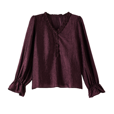 晚白纯色复古花边醋酸衬衫女