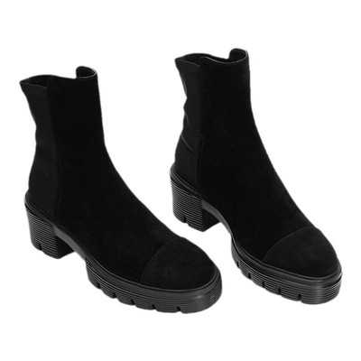 拼接切尔西短靴松糕厚底增高踝靴粗跟圆头弹力瘦瘦靴真皮女靴