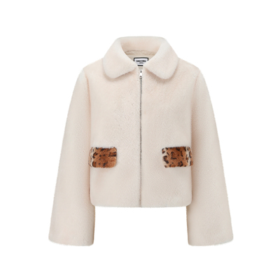 SHROENRO豹纹拼接娃娃领毛毛外套