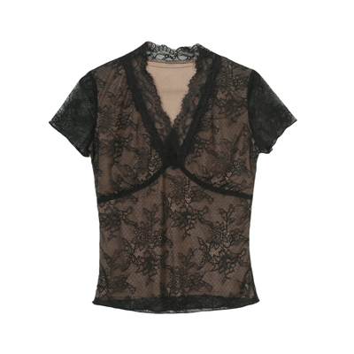 夏季新款性感V领蕾丝花边短袖t恤