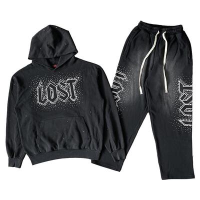 Lost intricacy  Hoodies 镶钻洗水休闲连帽卫衣长裤套装