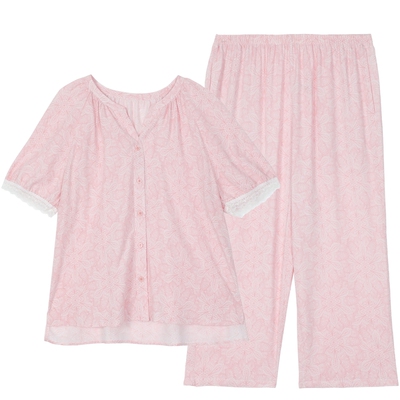 安莉芳旗下E-BRA专柜新品短袖v领印花睡衣女士家居服套装KL00192