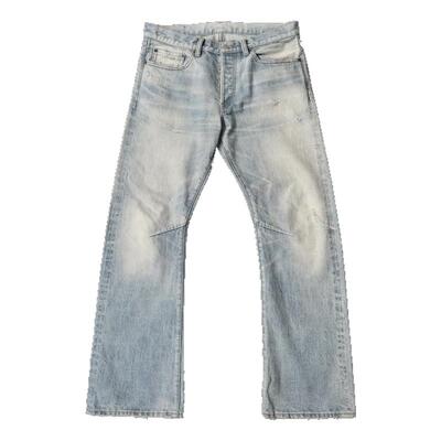 威络海滩蓝竹节纹扎花微喇牛仔裤