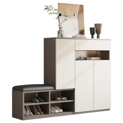 帕美迪鞋柜家用门口收纳柜一体靠墙实用木坐凳门外走廊鞋柜可定制