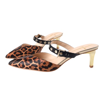 恋尚萝莎尖头气质牛皮豹纹凉拖鞋