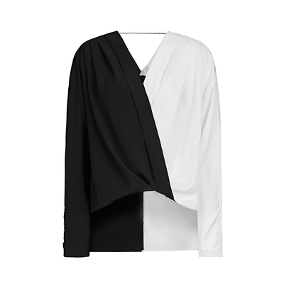 sdeer春V领压褶链条撞色雪纺衬衫