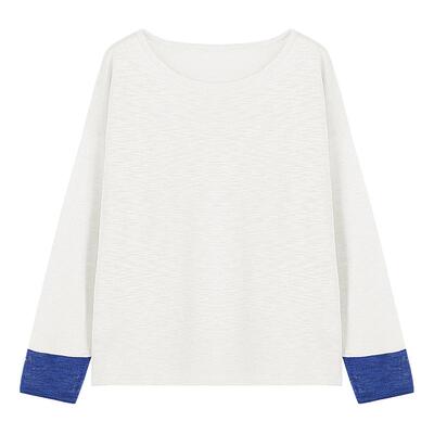 Basic House/百家好撞色拼接袖口圆领针织衫女2026春简约宽松上衣