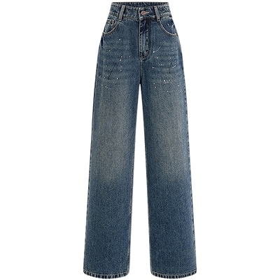 KBNE牛仔裤女宽松设计感2025秋季新款水洗牛仔直简阔腿烫银长裤