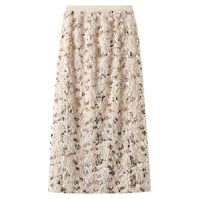 D8513-后开叉羽毛亮片直筒裙