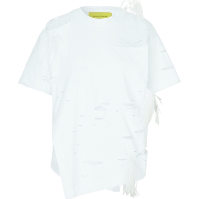 Marques' Almeida春夏女士羽毛边饰仿旧棉质平纹布T恤