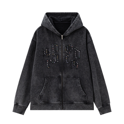 HOODRICH水洗做旧字母钉珠贴布工艺连帽卫衣潮流秋季百搭开衫外套