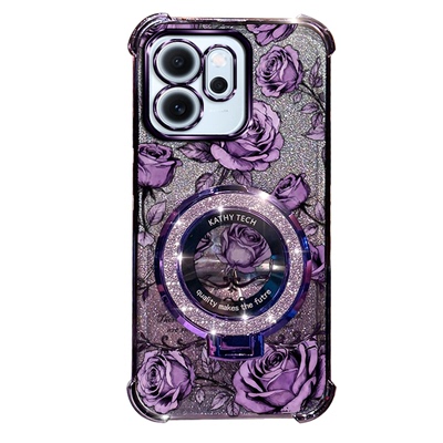 OPPOReno14F国外版手机壳reno14f海外版高级感闪粉支架玫瑰印花四角气囊防摔抗震缓冲菲林质感网红全包镜头壳