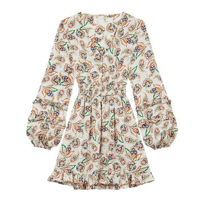 法国M家舞纤秋冬新款女 复古印花显瘦气质荷叶边连衣裙MFPRO01501