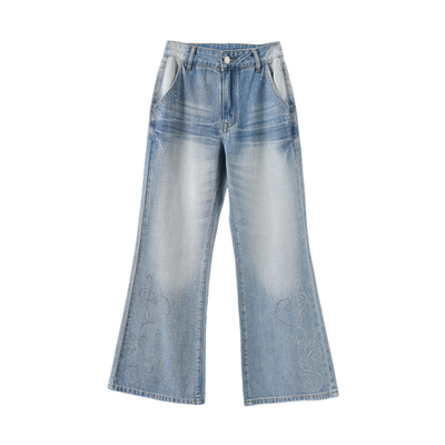 西町村屋烫钻印花微喇裤女夏季新款休闲简约百搭牛仔裤XAAB10296