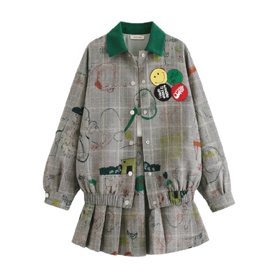 复古学院涂鸦格子棒球服短裙套装