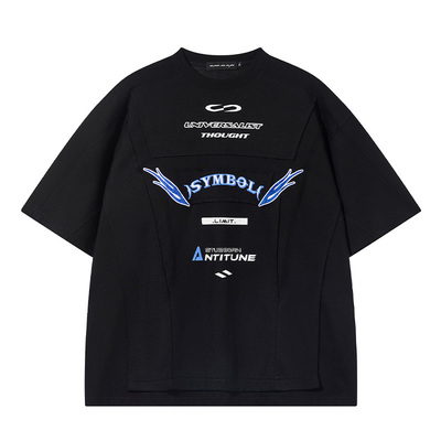 撞色毛边贴布印花设计短袖T恤