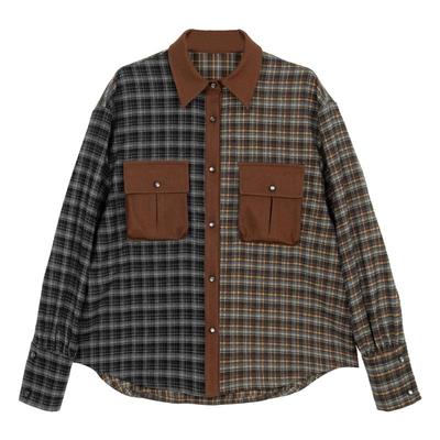 KEIKO 美式复古格子长袖衬衫女2025秋季学院风立体口袋宽松上衣