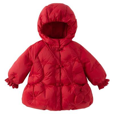戴维贝拉女童羽绒服冬款防水加厚连帽外套儿童宝宝国风红色拜年服