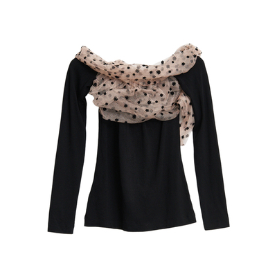 pushBUTTON 秋冬新款女士复古拼接一字肩上衣银泰百货精品 301596